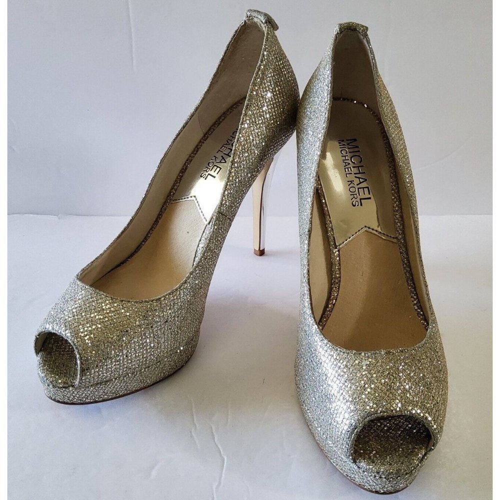 Michael Kors Mk Women’s Silver Glitter Peep Toe Heels… - Gem